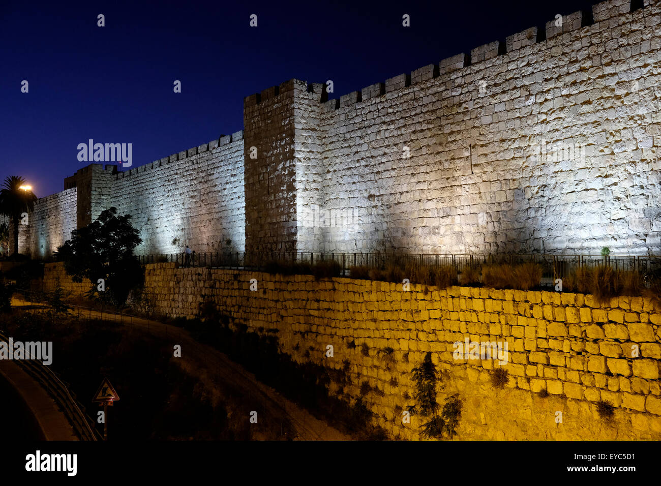 View at night of the Ottoman walls at the western edge of the old city ...