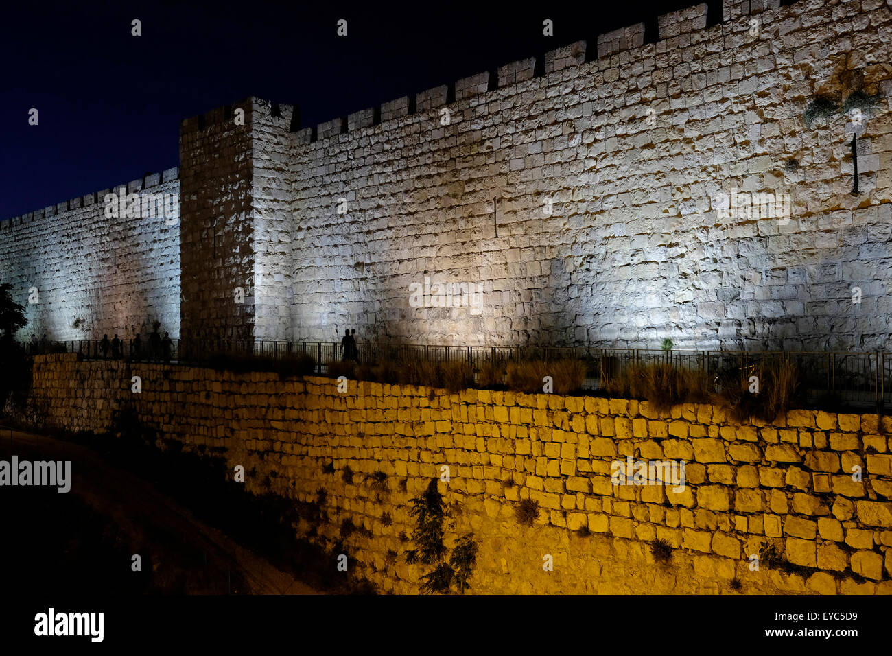 View at night of the Ottoman walls at the western edge of the old city ...