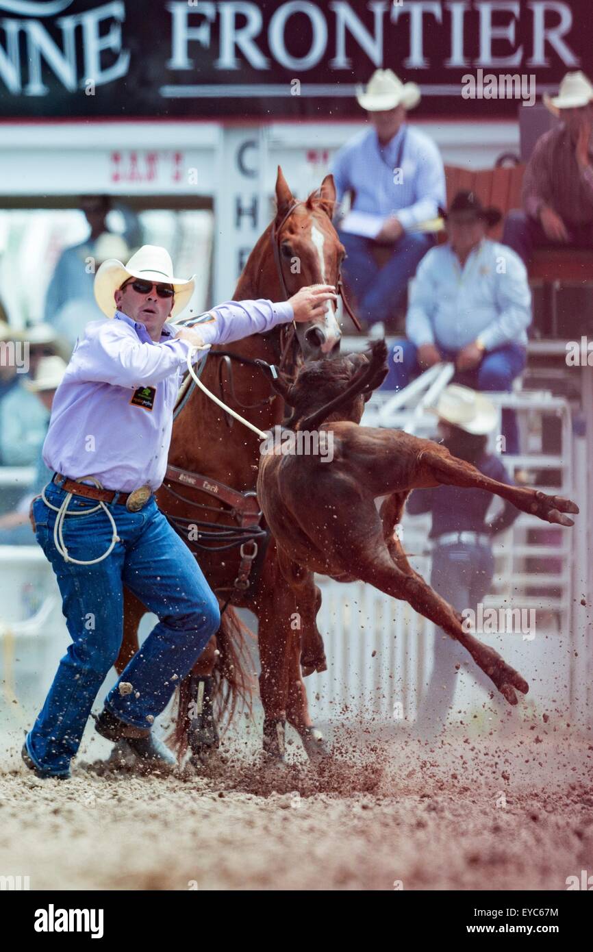 Cheyenne, Wyoming, USA. 26th July, 2015. Steer roper Ryan Jarrett ...