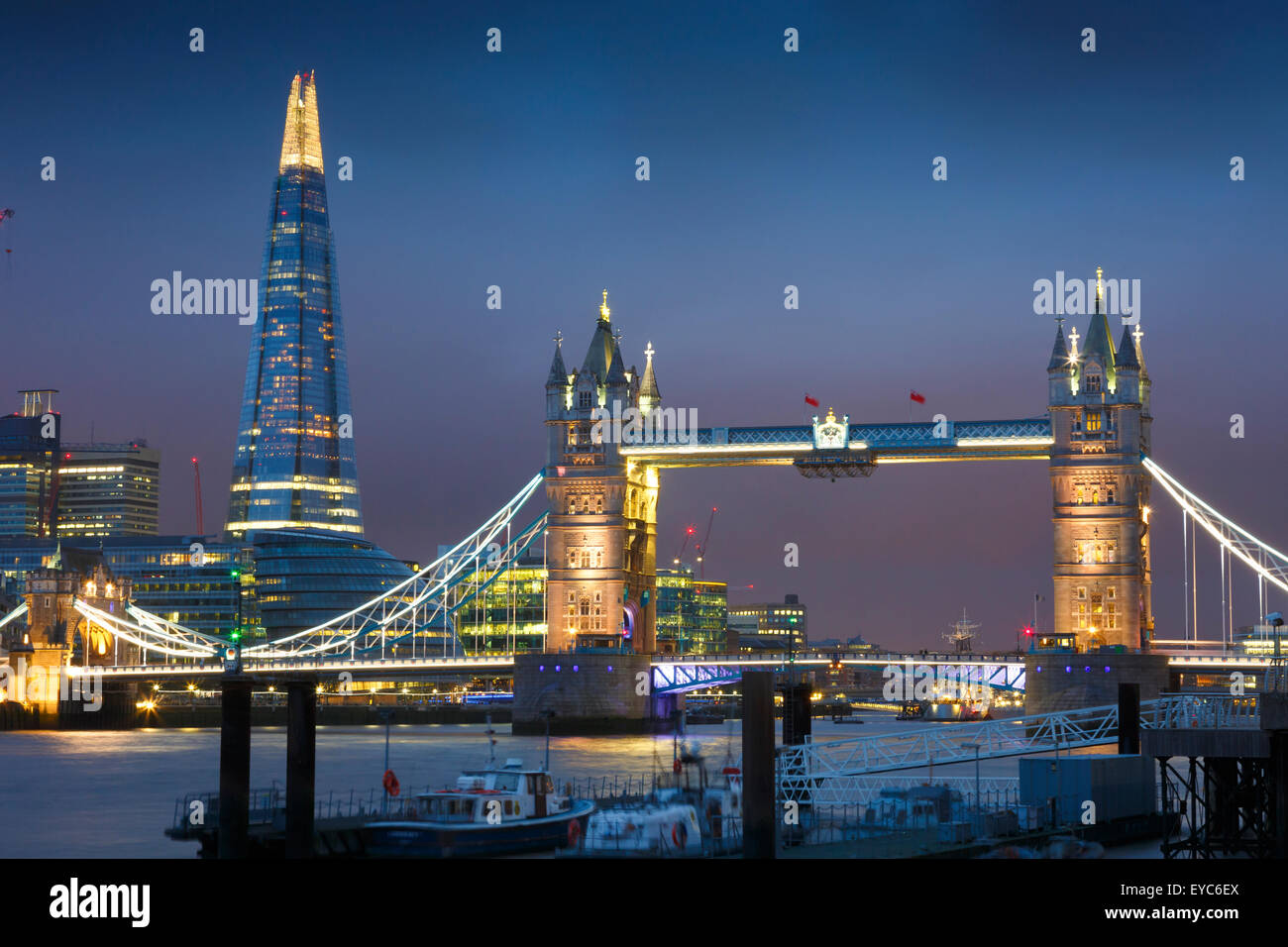 Tower Bridge, River Thames and The Shard skyscraper at night. London ...