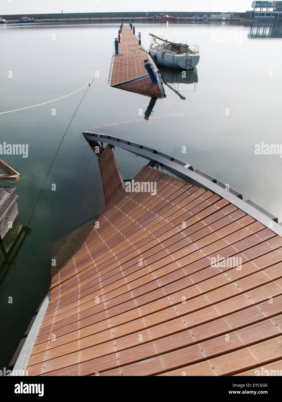 A pontoon that has collapsed after a storm in the harbour of Constanta ...