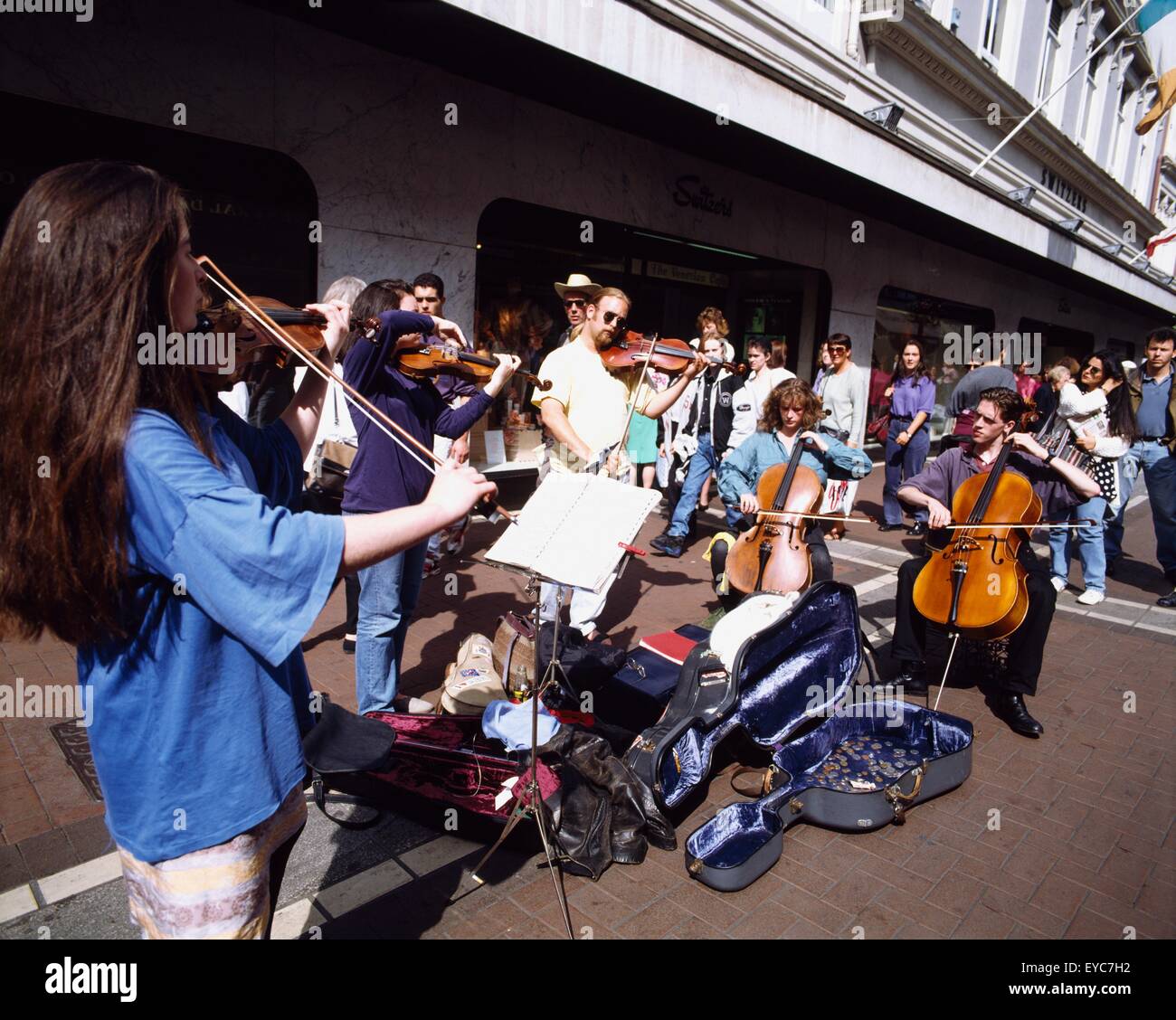 Grafton Street, Dublin City, Ireland; Buskers Performing In City ...