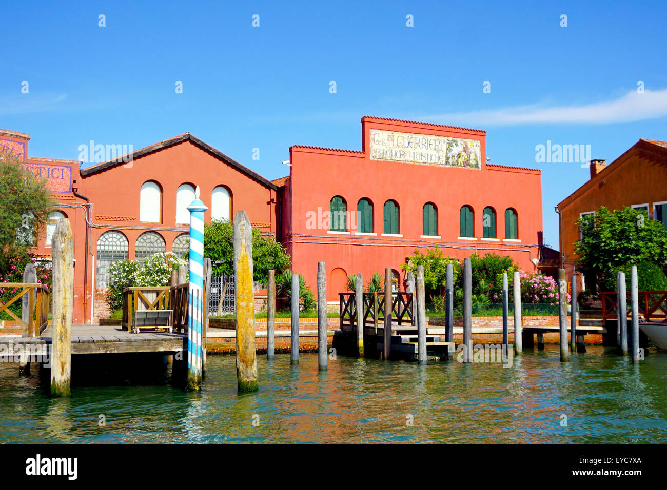 building architecture, pier and boats in Murano, Venice, Italy Stock ...