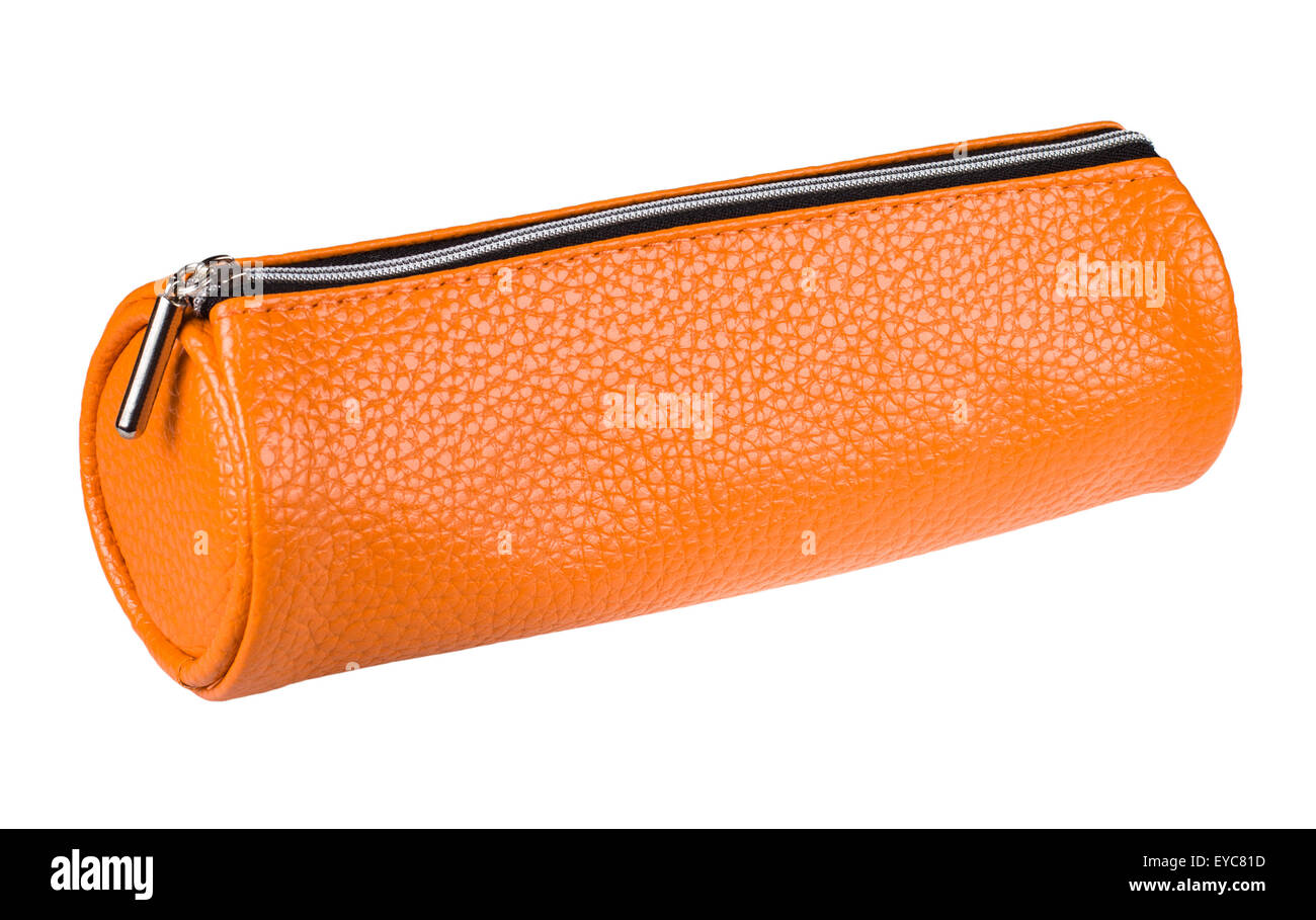 the orange pencil case isolated on white Stock Photo - Alamy