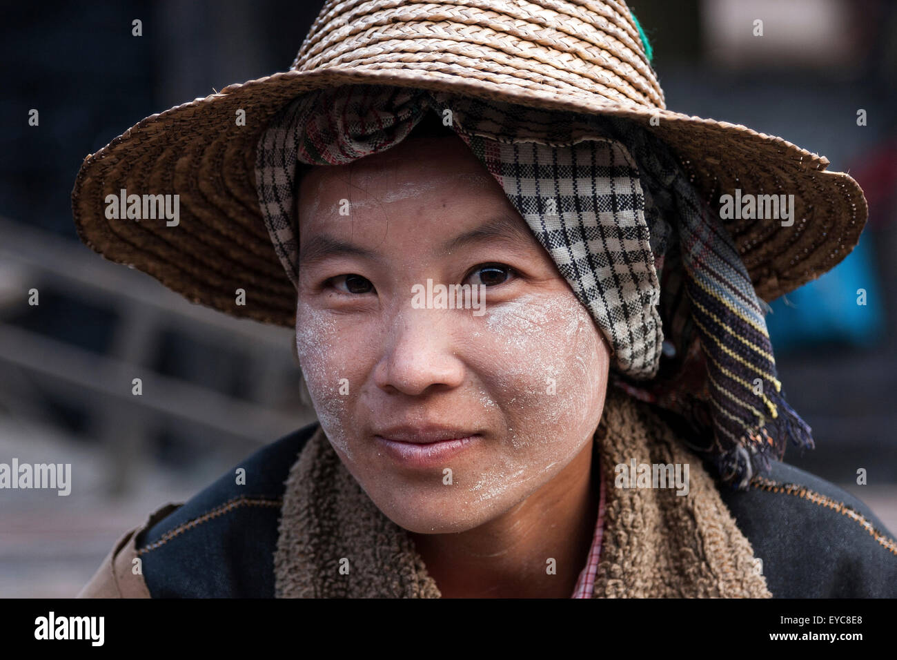 Native Woman with typical hat and Thanaka paste on the face, portrait ...