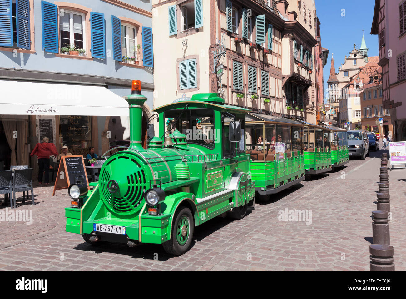 Tourist train in the historic centre, Colmar, Alsace, France Stock ...