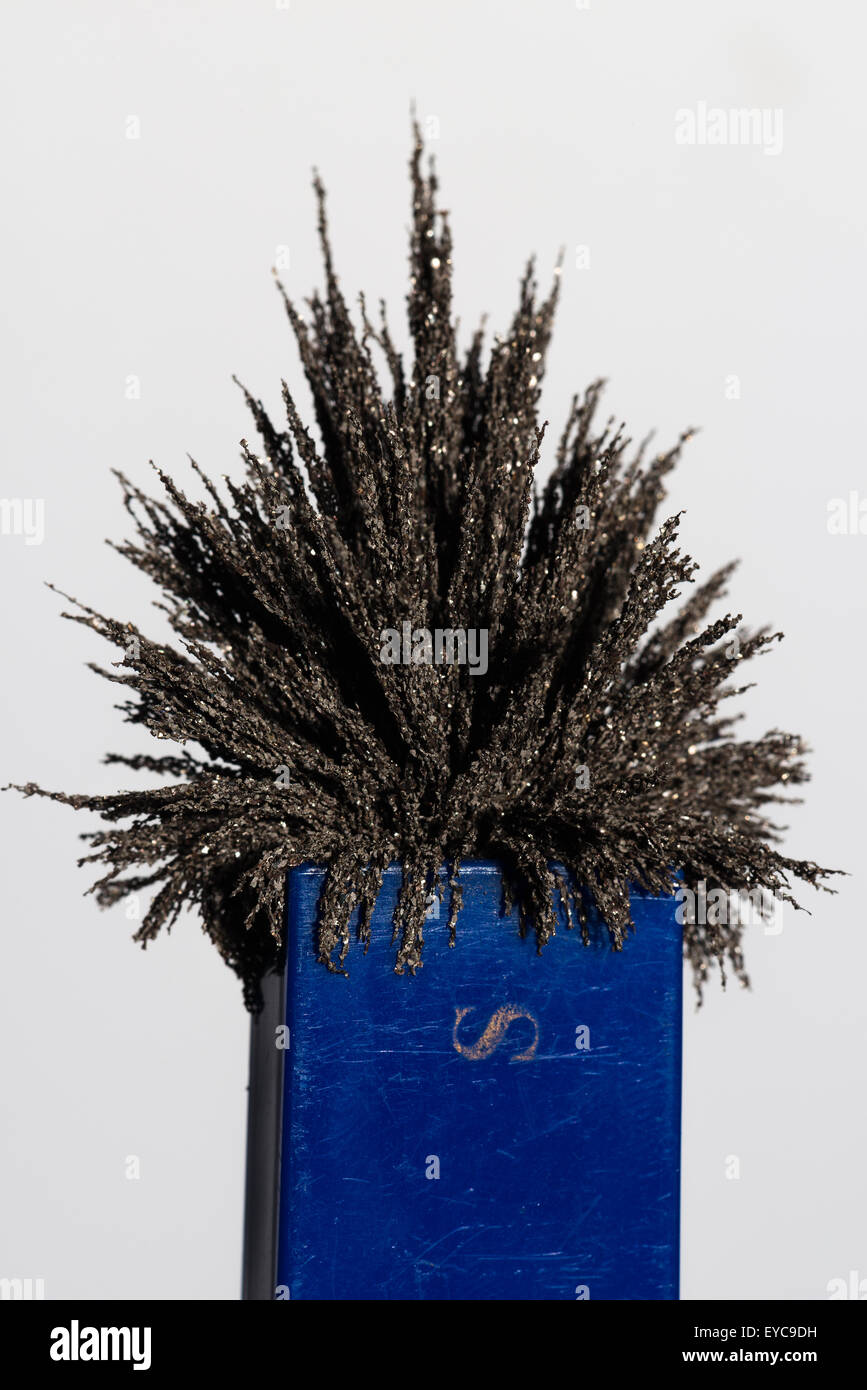 Attraction and repulsion iron metal particles align up along the ...