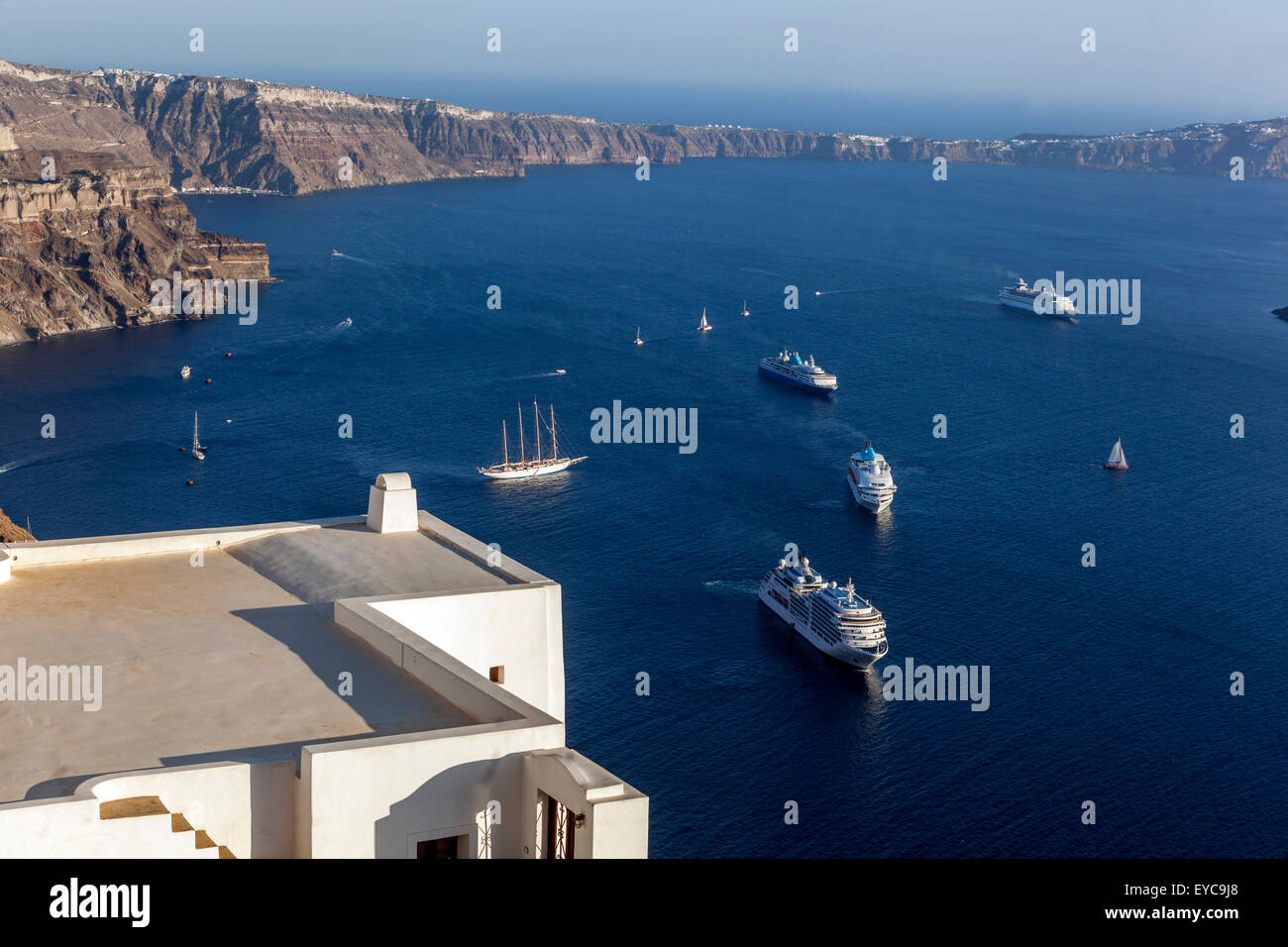 Santorini Cruise ships moored in the caldera, Cyclades, Greek Islands ...