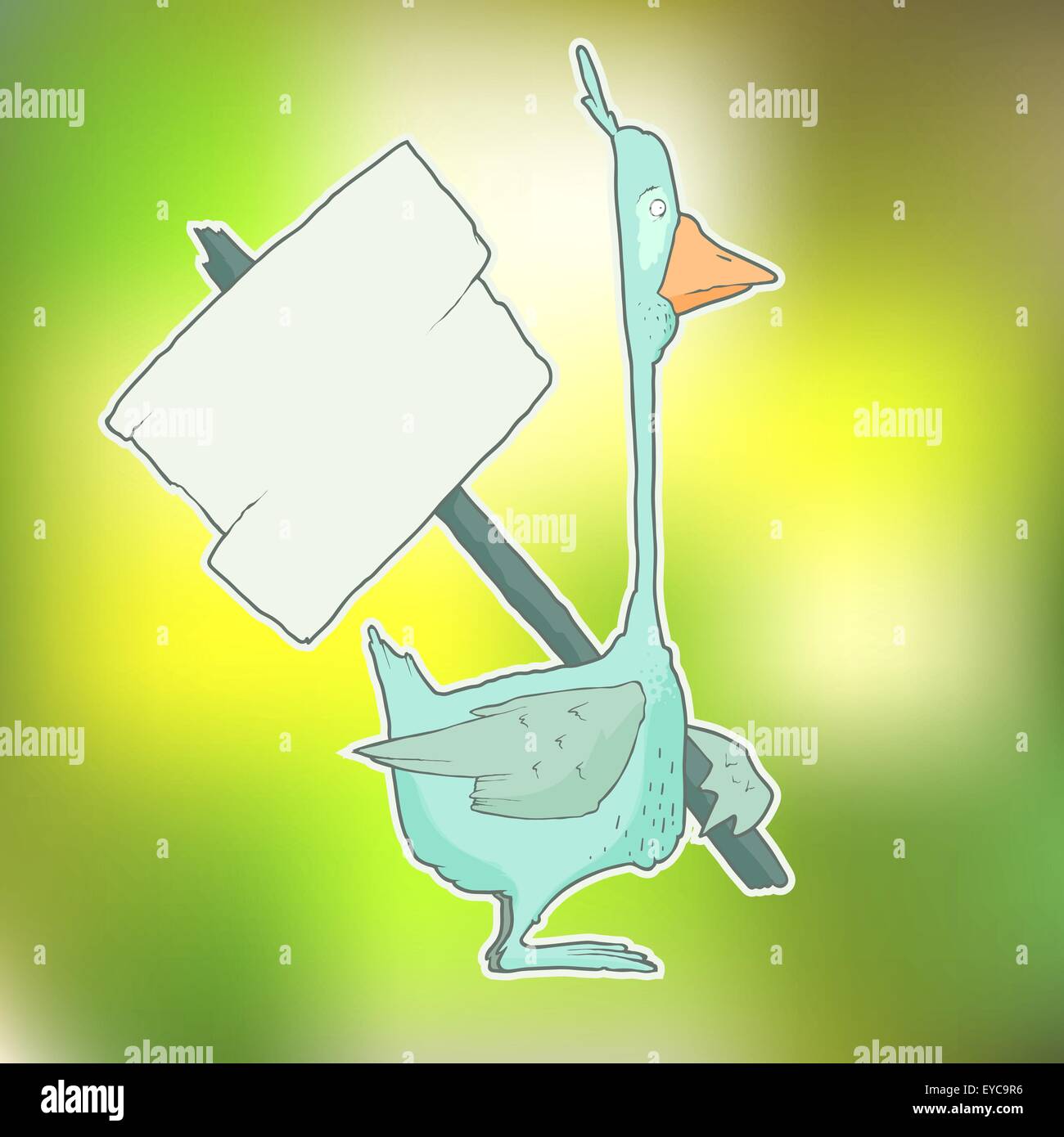 Cartoon Character Goose with wooden poster Isolated on Color Blurred ...