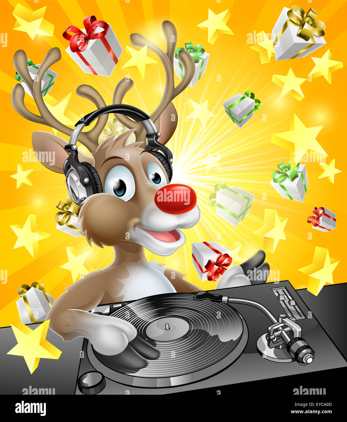 A cartoon Christmas Reindeer DJ with headphones on at the record decks ...