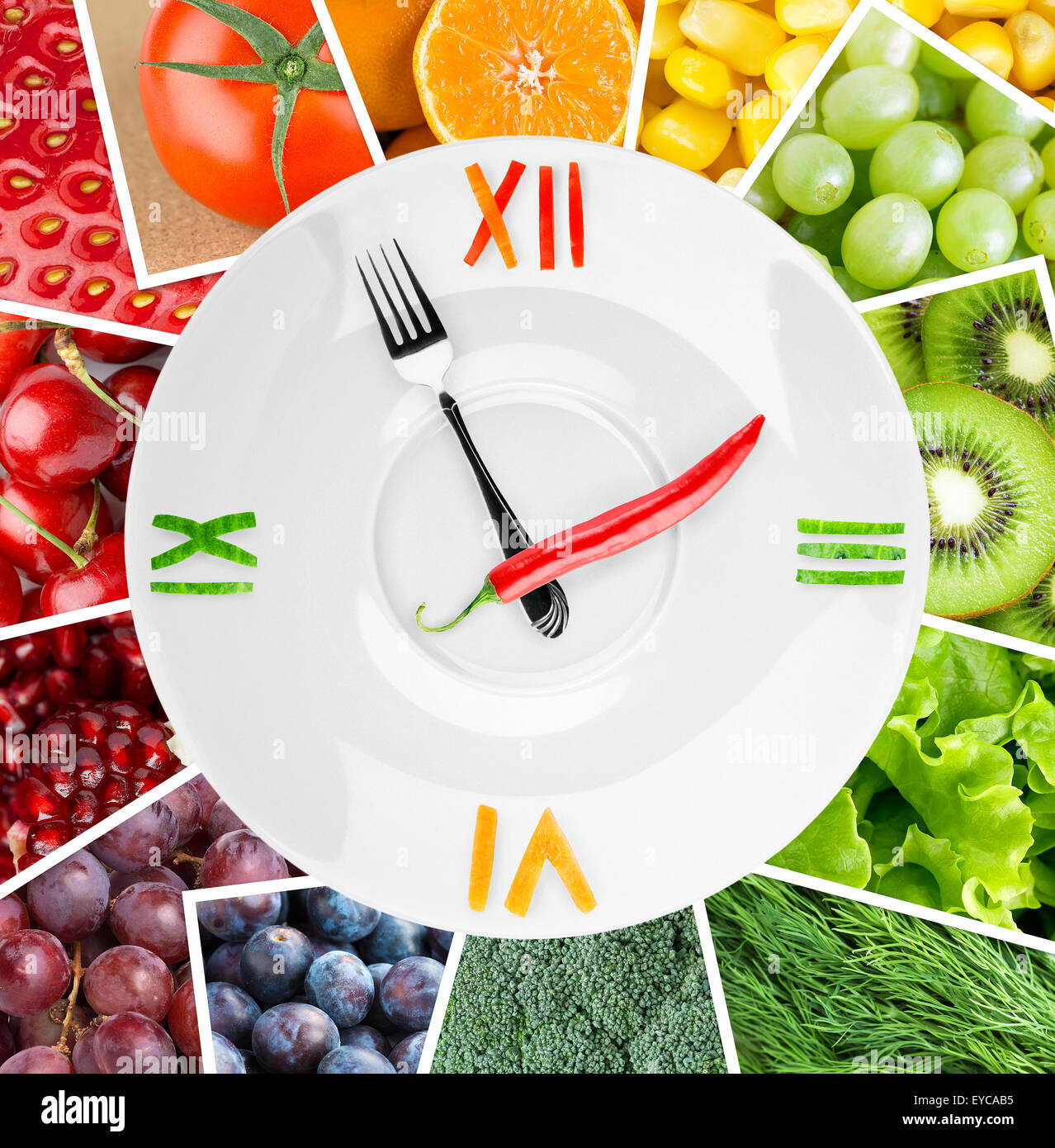 Food clock with vegetables and fruits. Healthy food concept Stock Photo ...