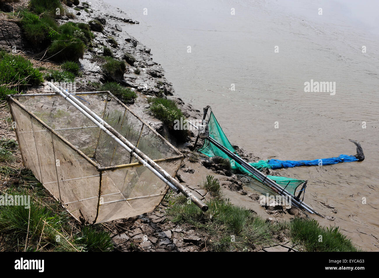 A confiscated oversized elver net and an illegal flow net (behind) on ...