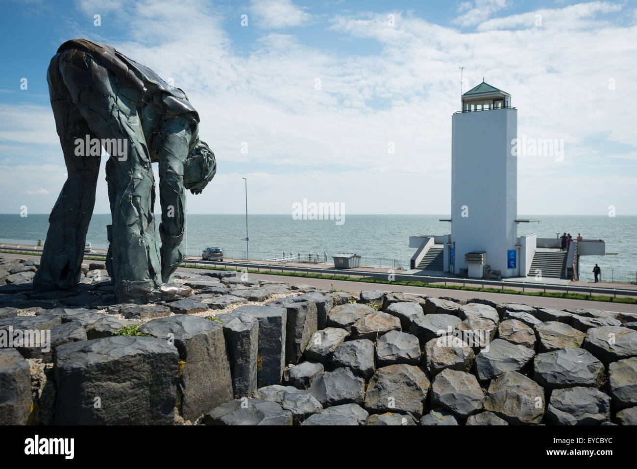 Den Oever, Netherlands, monument on the Afsluitdijk and statue of a ...