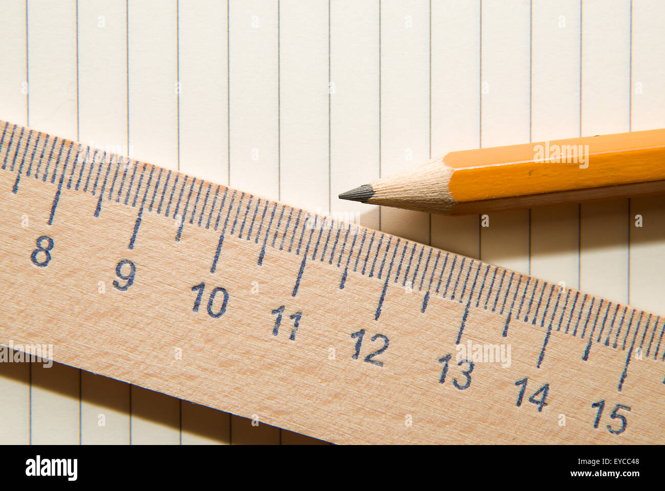 Notepad with a recording sheet, pencil and wooden ruler Stock Photo - Alamy