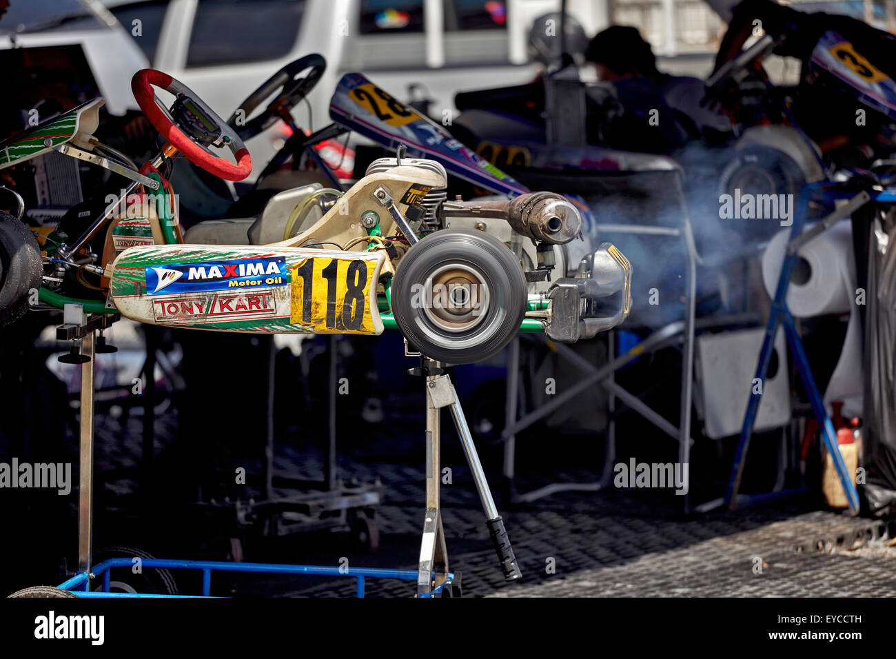 Go-Kart detail and full throttle tuning with spinning wheel Stock Photo ...