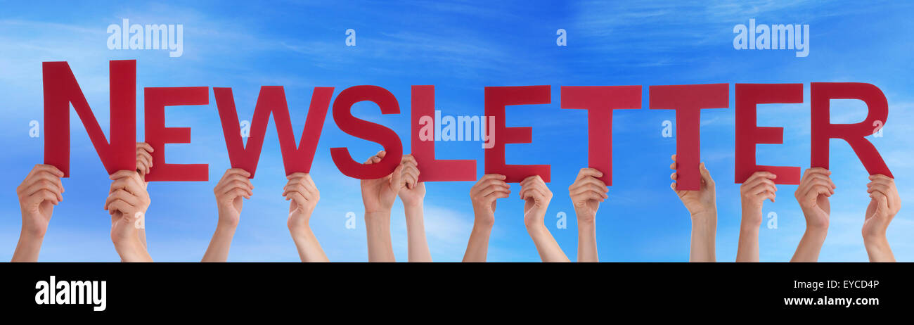 Many People Hands Holding Red Straight Word Newsletter Blue Sky Stock ...