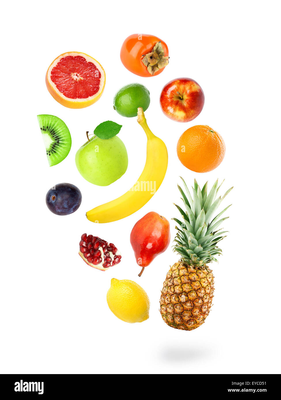 Falling fresh color fruits on white background Stock Photo - Alamy