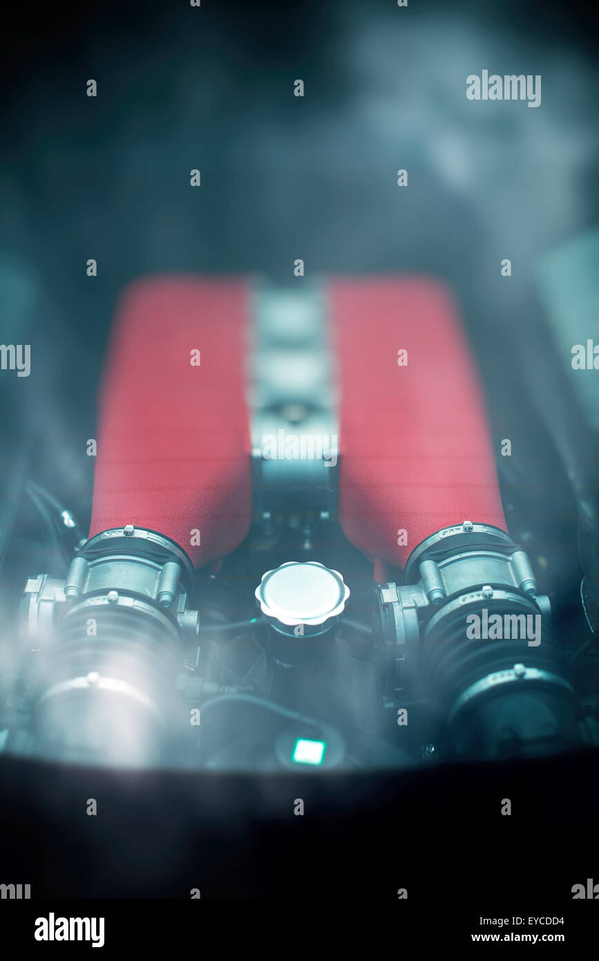 Sports car engine under rear glass trunk Stock Photo - Alamy