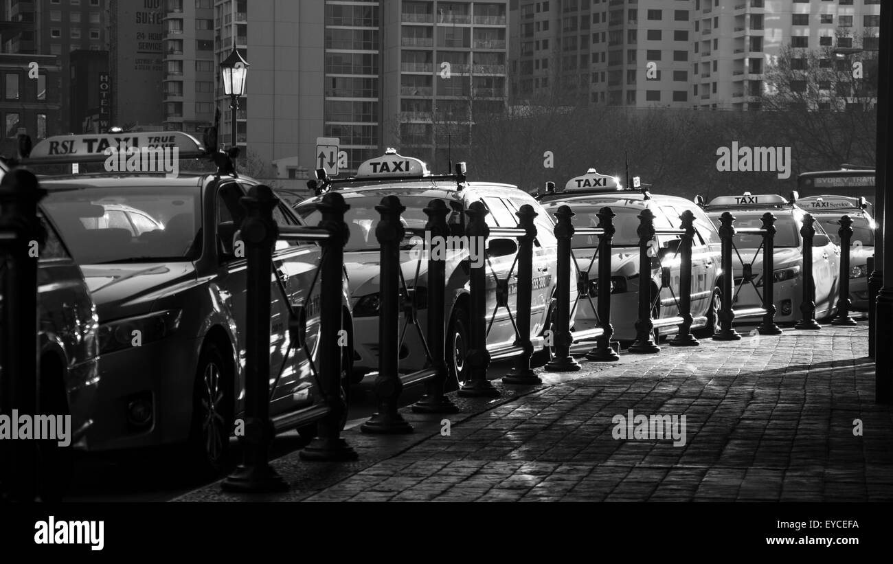 Taxi cabs standing in a rank waiting for work at Sydney's Central ...