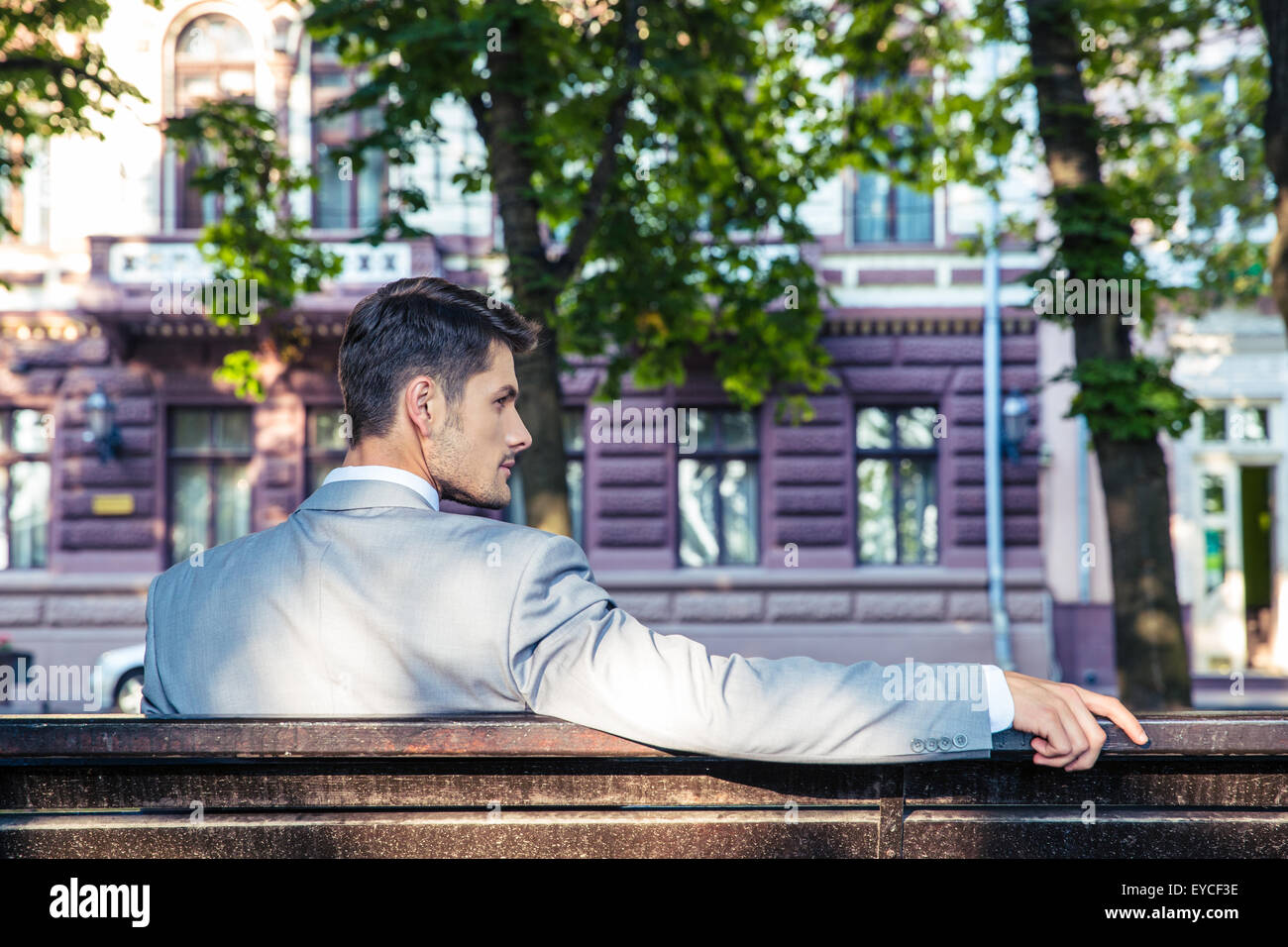 Back view portrait of a handsome businessman sitting on the bench ...