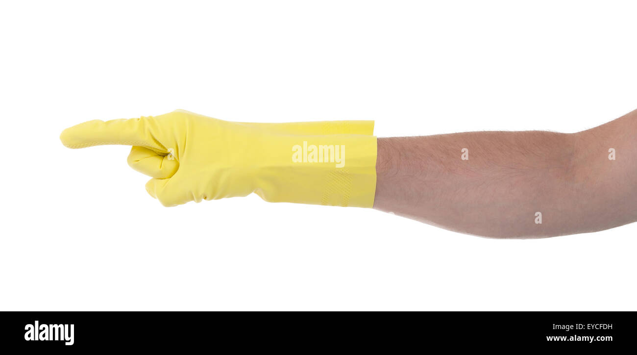 Hand in an cleaning glove making a directional sign on white background ...