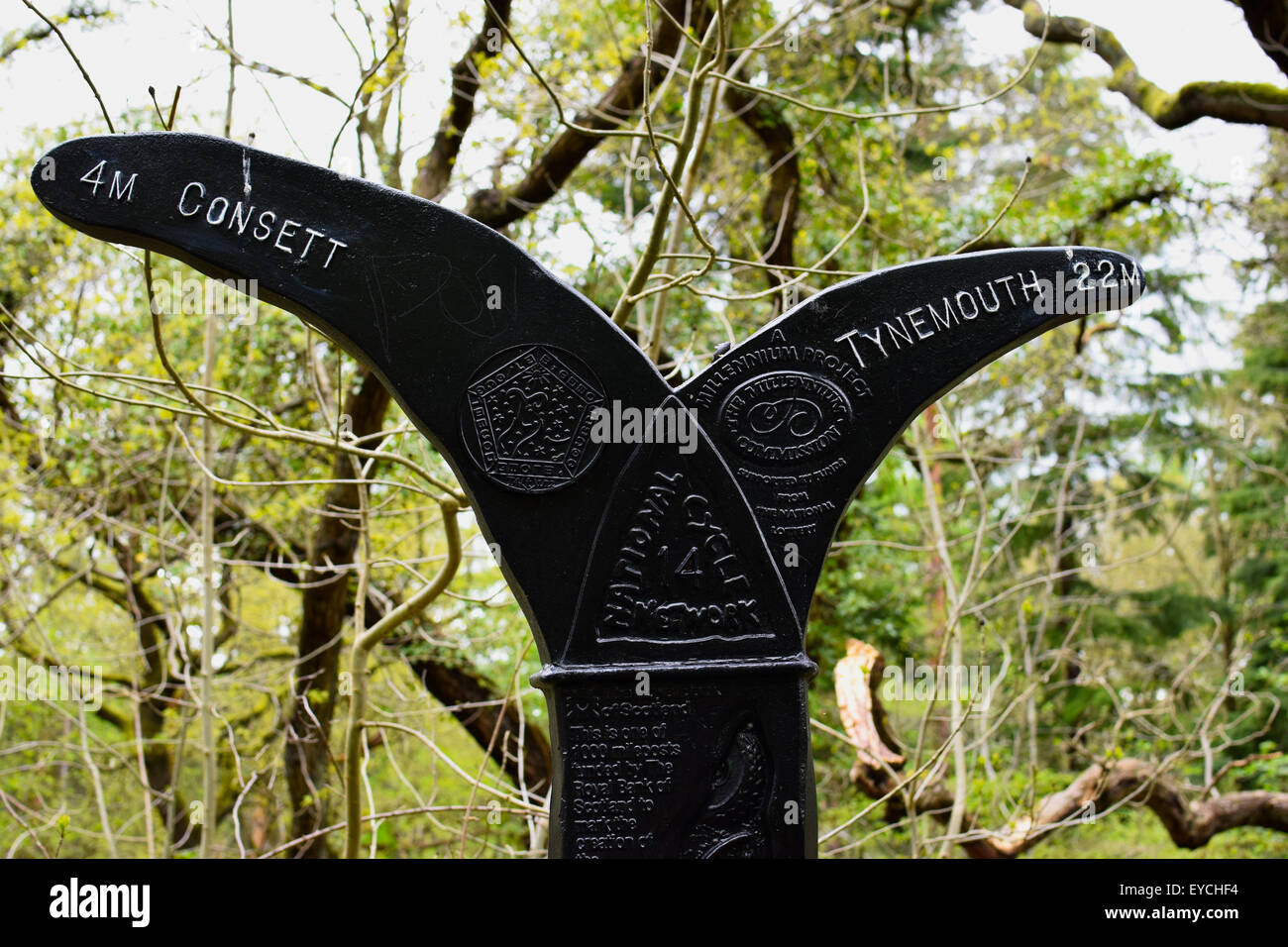 Route sign on the Derwent Walk railway path, Gateshead, England Stock ...