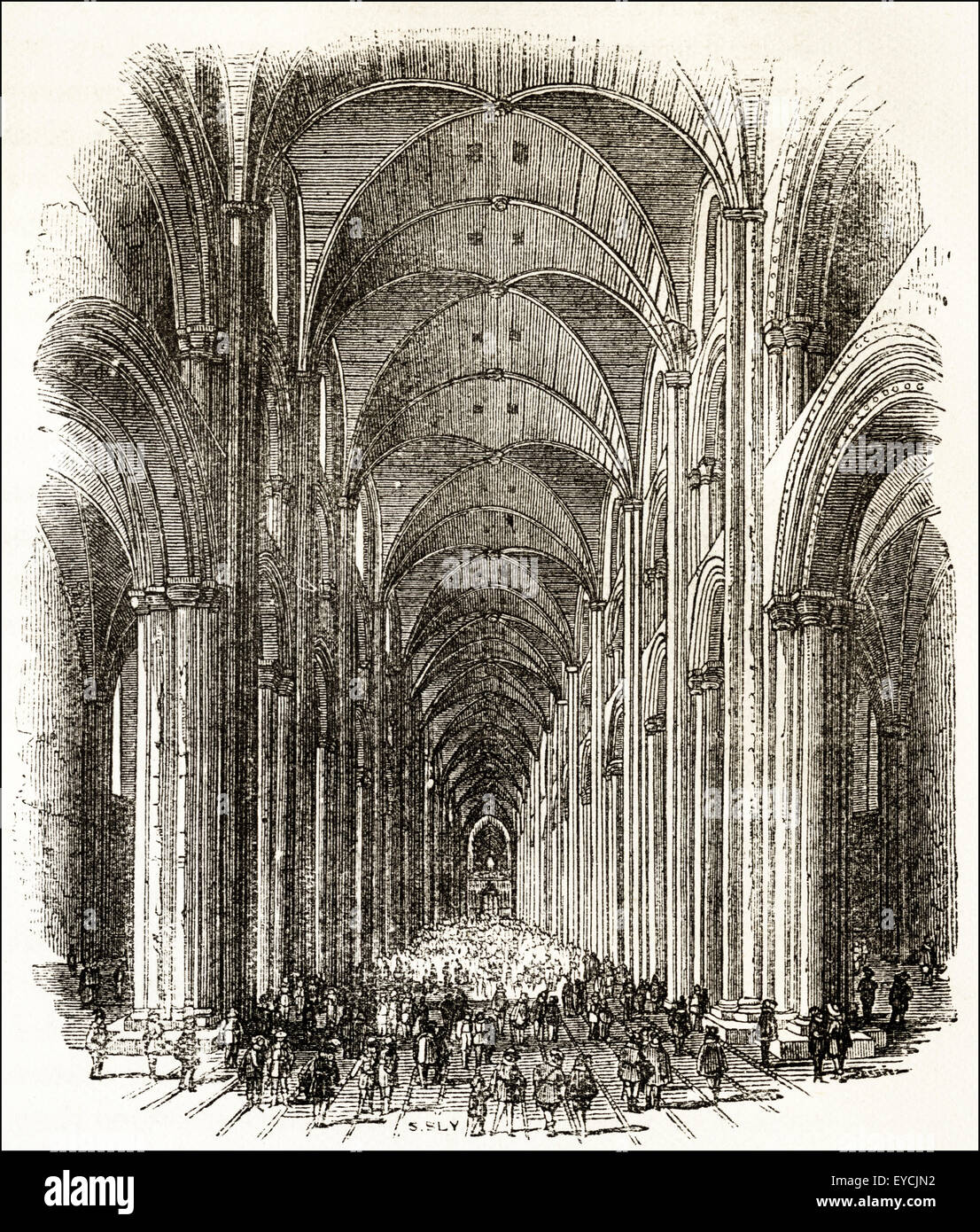 Old St Paul's Cathedral Walk. Victorian woodcut engraving circa 1845 ...