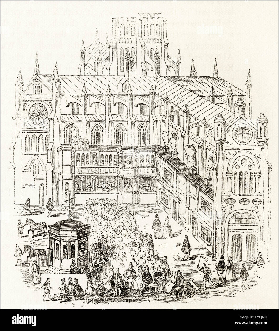 Paul's Cross outside the Old St Paul's Cathedral. Victorian woodcut ...