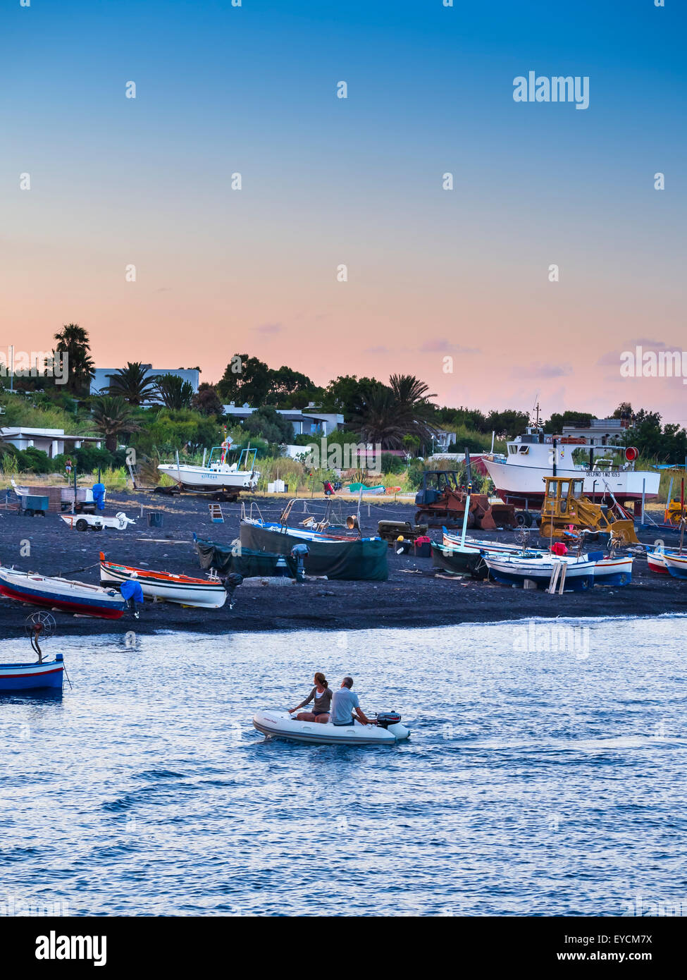 Italy, Sicily, Aeolian Islands, Isola Stromboli, Beach with fishing ...