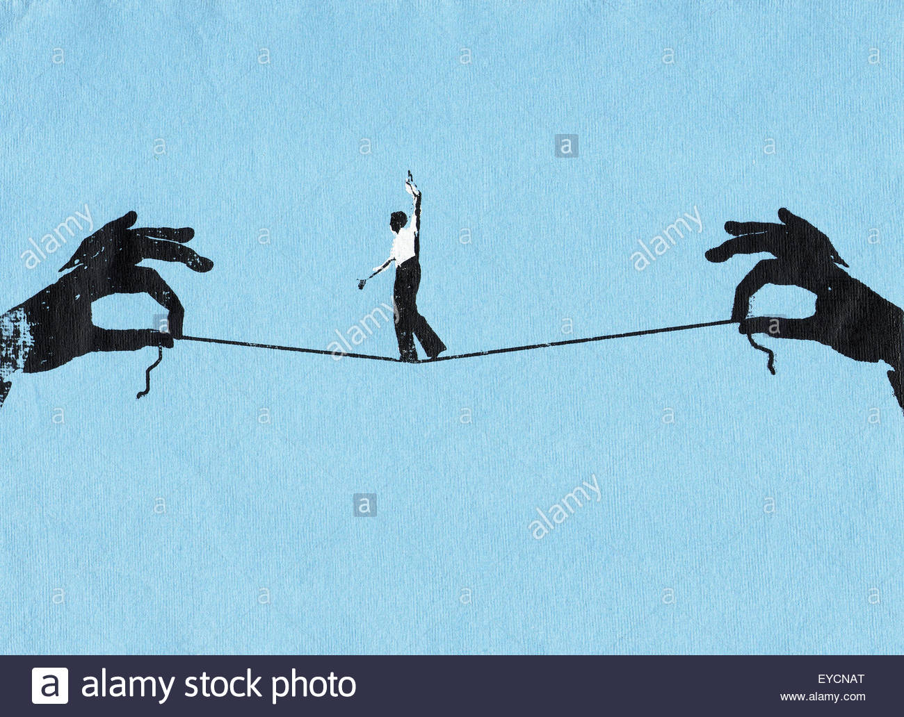 Businessman walking tightrope on string between two hands Stock Photo ...