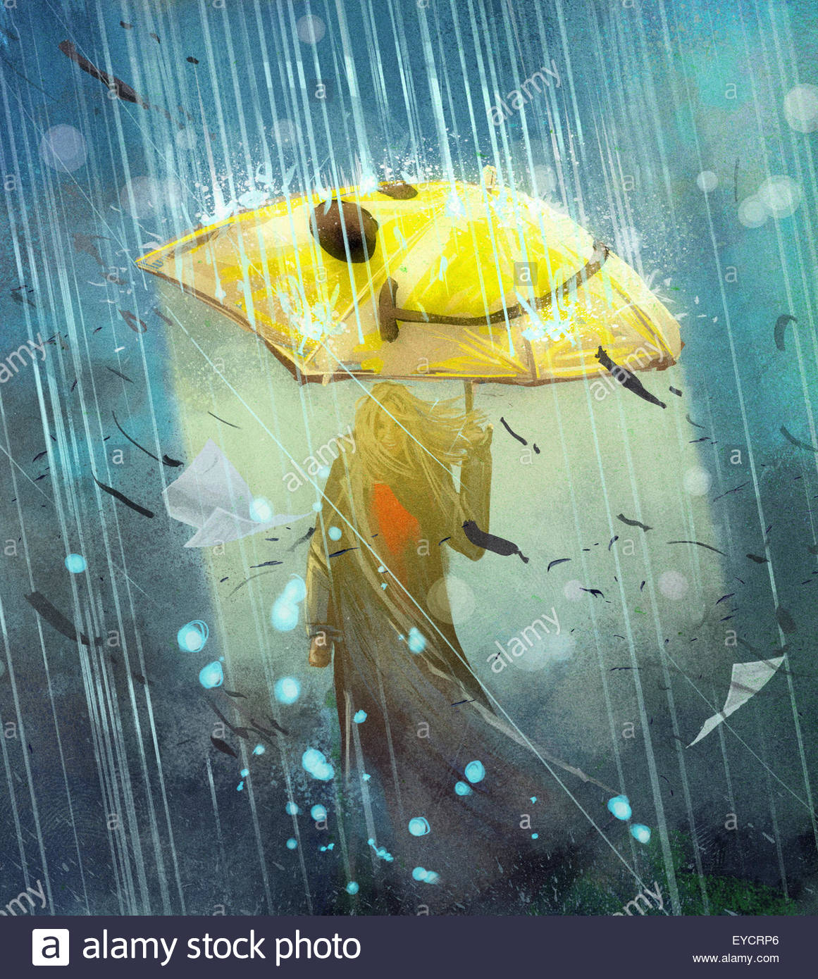 Happy woman with smiley face umbrella in rain storm Stock Photo ...