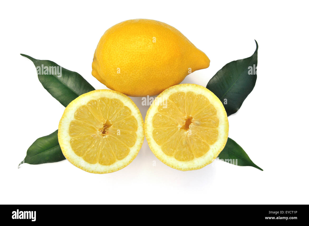 Lemon with lemon halves and leaves on white background Stock Photo - Alamy