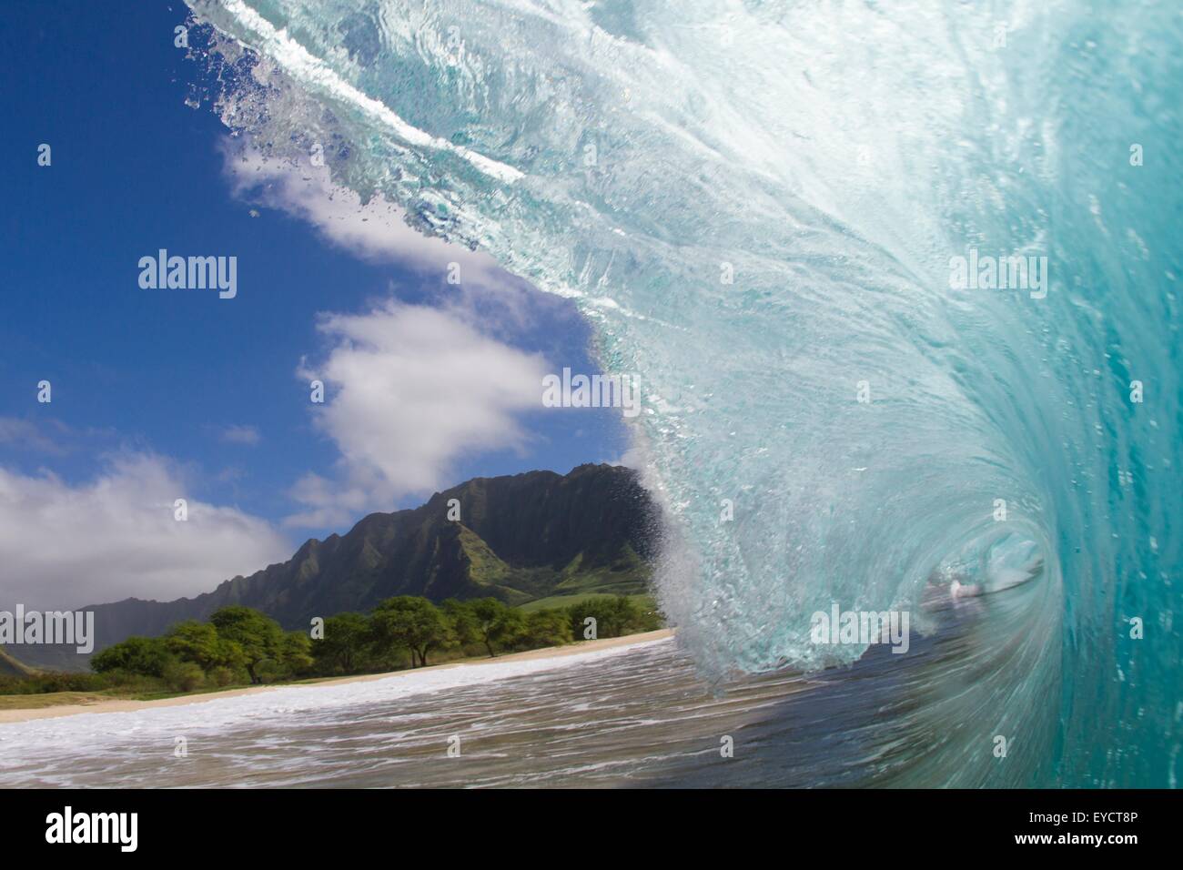 Surface level view of curved ocean wave and beach, Hawaii, USA Stock ...