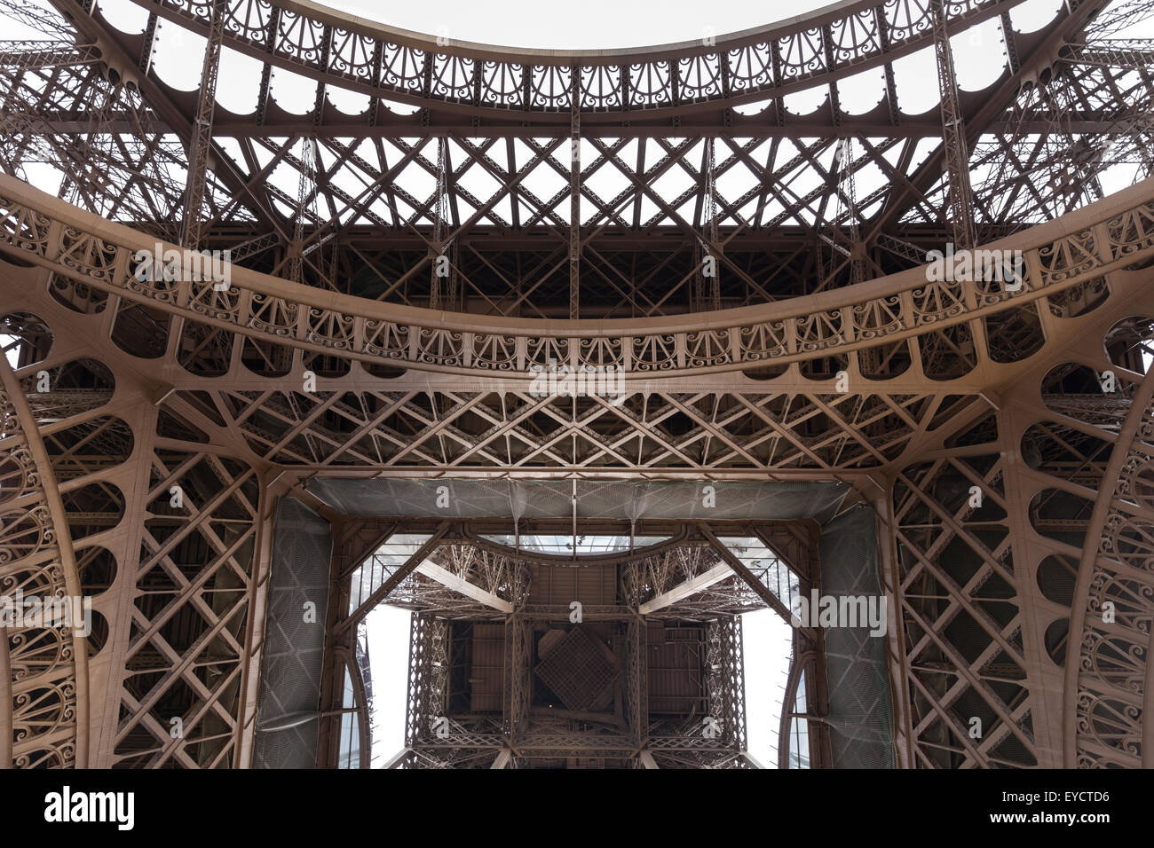 Eiffel tower, iconic landmark in Paris, detail shot of the iron lattice ...