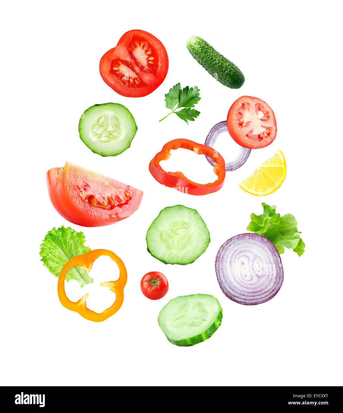 Falling fresh vegetable slices on white background Stock Photo - Alamy