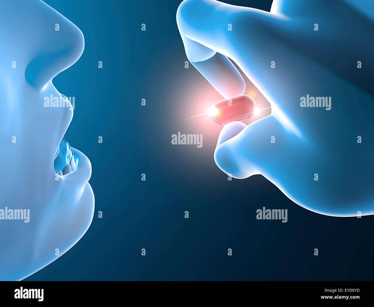 Illustration of human takes red pill Stock Photo - Alamy