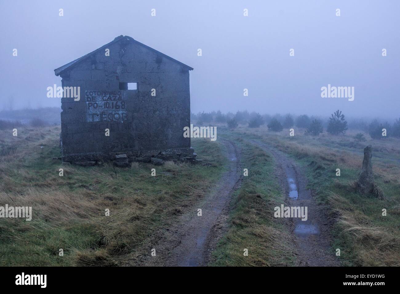 A shepherd shack high in the foggy mountains of Galicia, Spain Stock ...