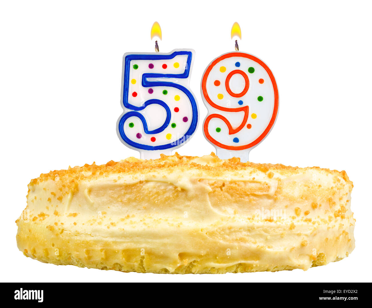 birthday cake with candles number fifty nine isolated on white ...