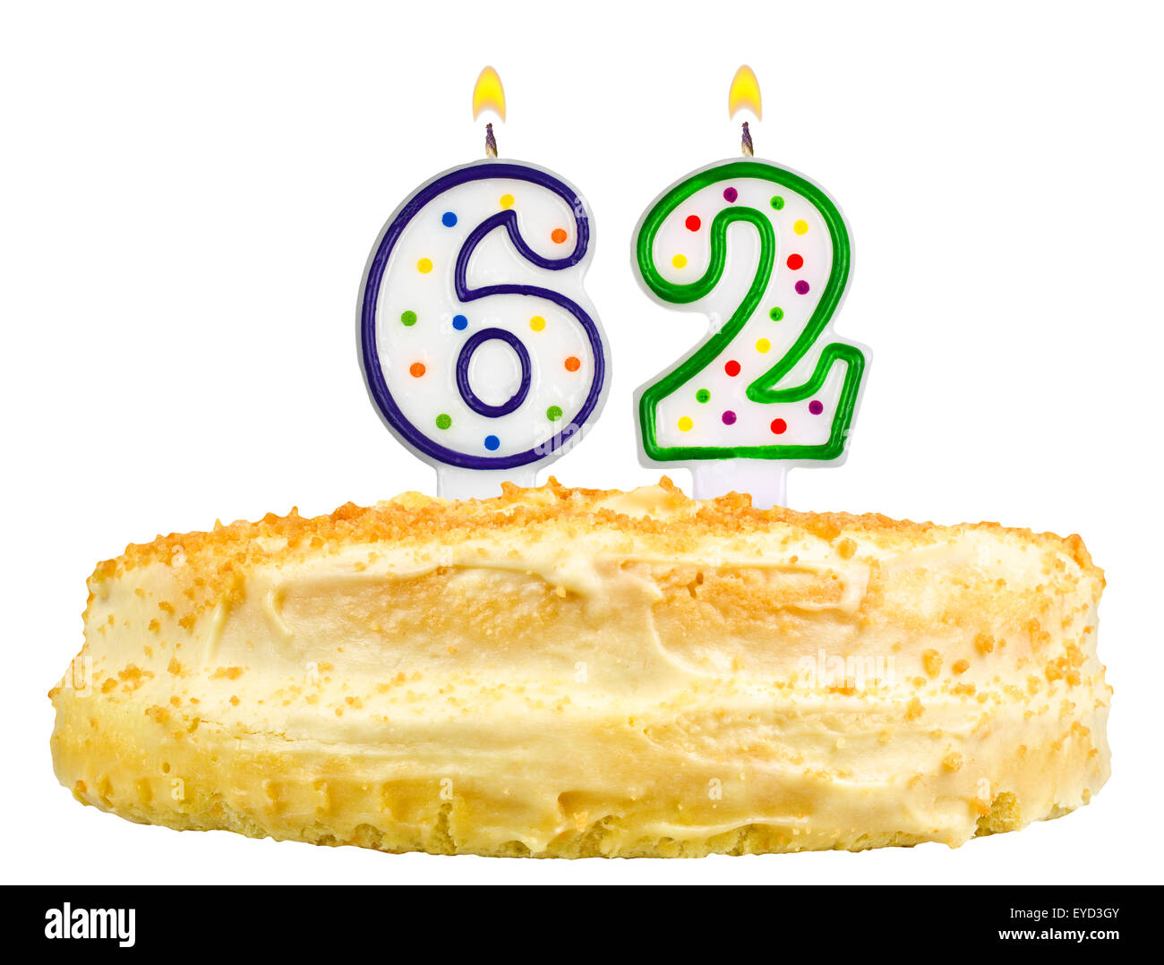 birthday cake with candles number sixty two isolated on white ...