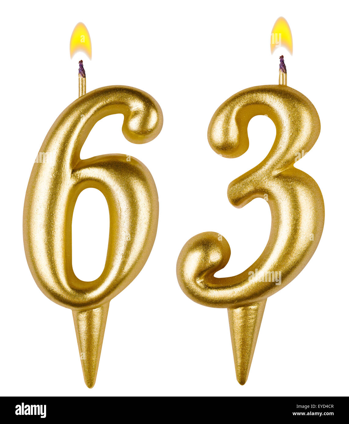 Birthday candles number sixty three isolated on white background Stock ...