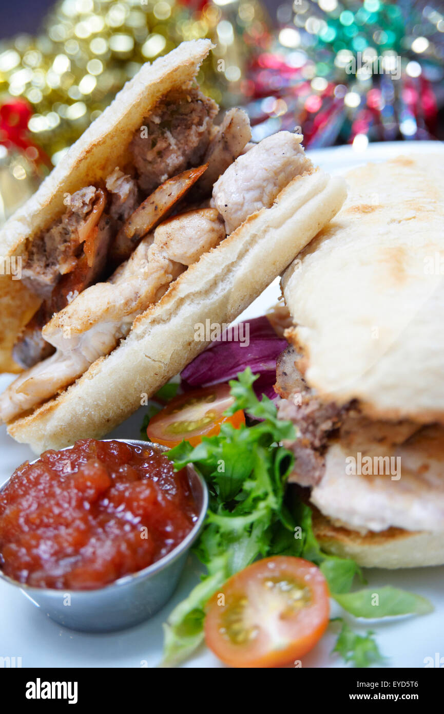 Beef and pork panini with salsa and salad on the side and Christmas ...
