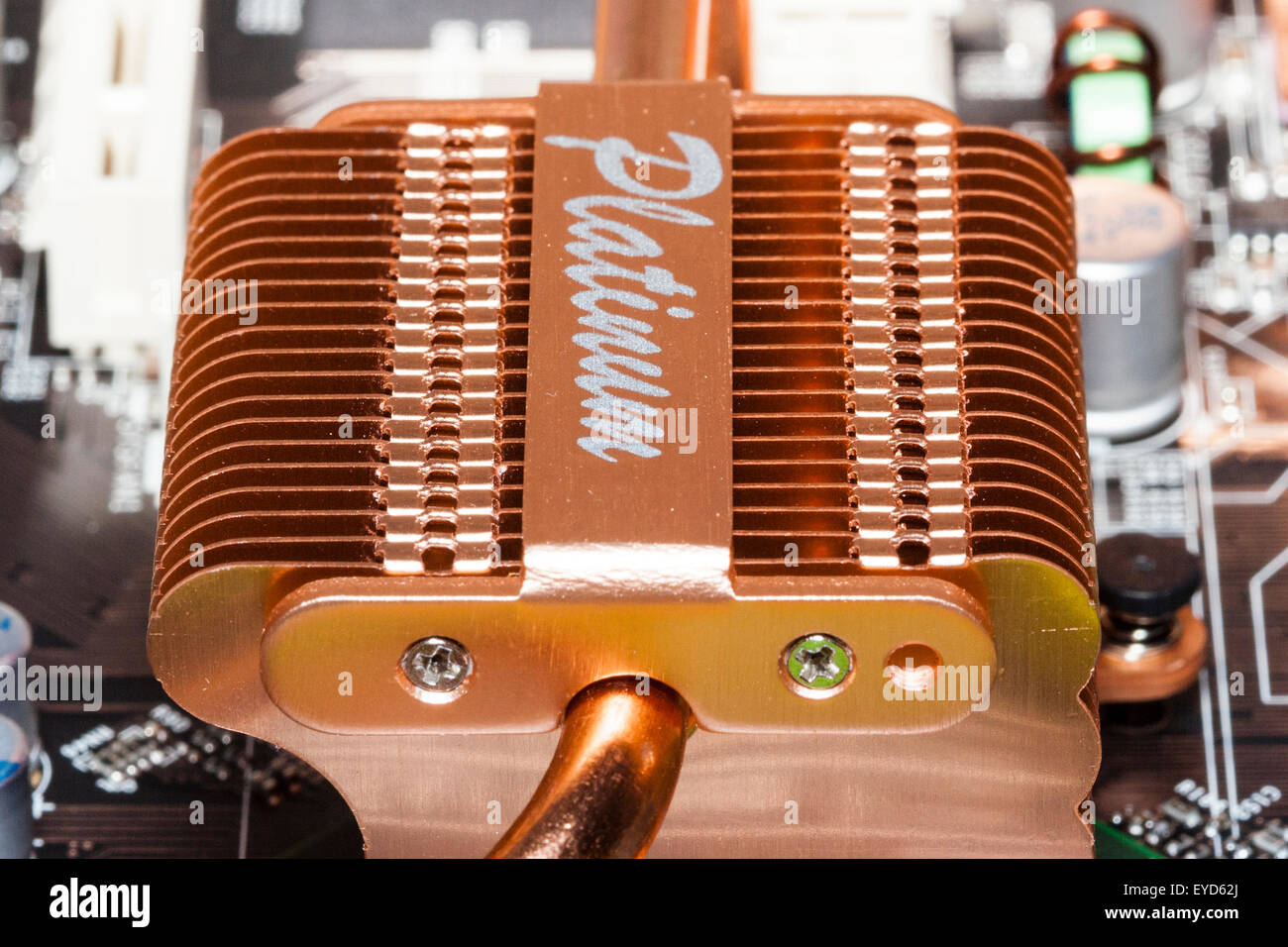 MSI home computer Intel motherboard. Large copper coloured heatsink in ...