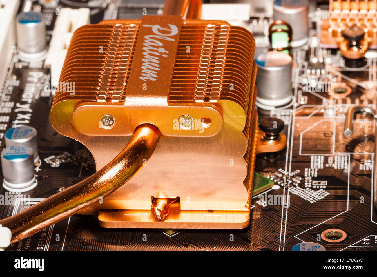 MSI home computer Intel motherboard. Large copper coloured heatsink in ...