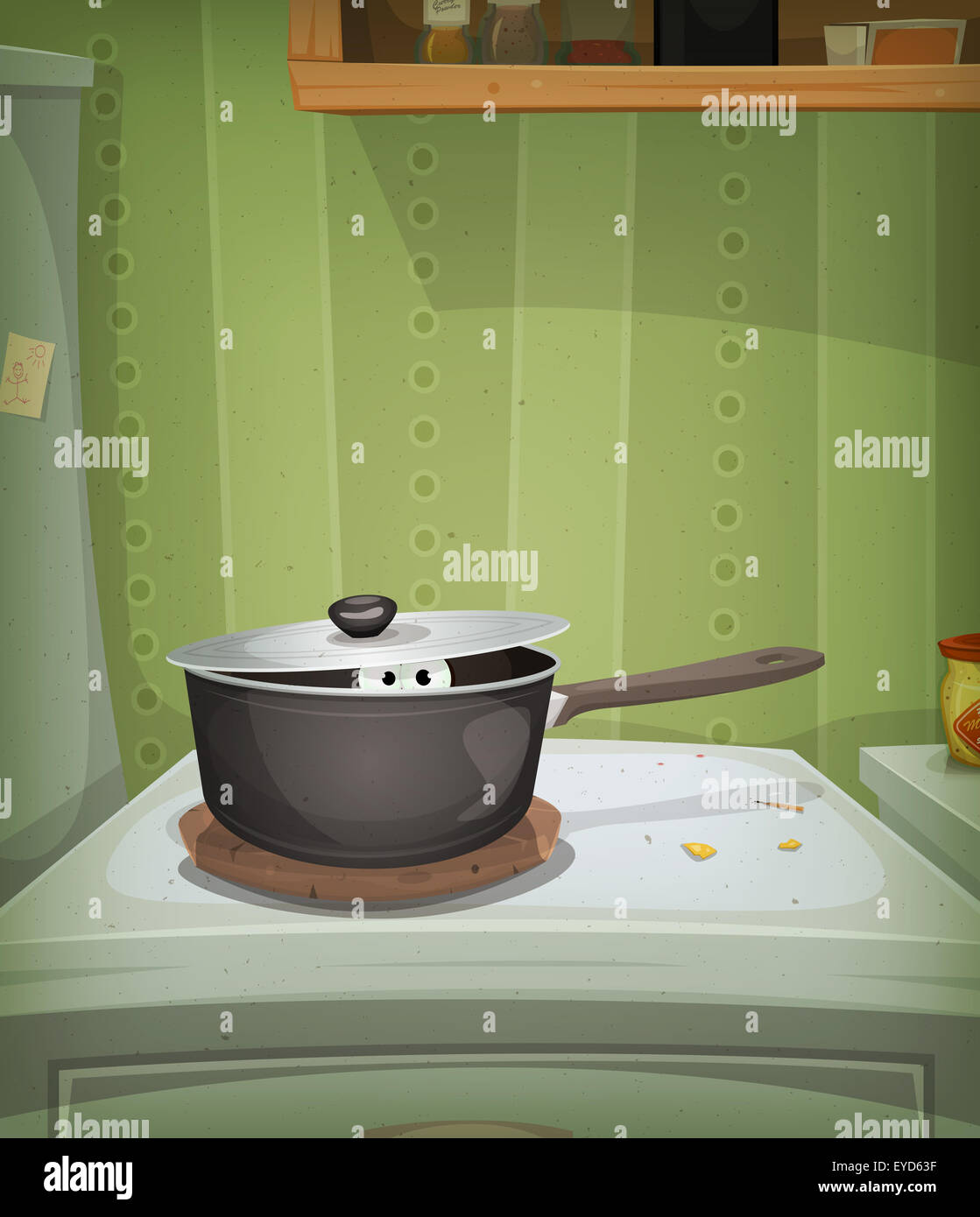 Illustration of a funny poster with cartoon home kitchen scene and ...