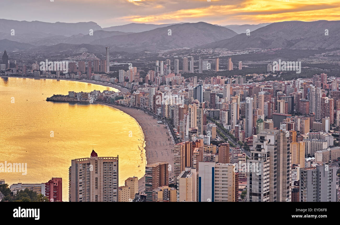 Aerial view of the east beach and the skyline by sunset. Benidorm ...