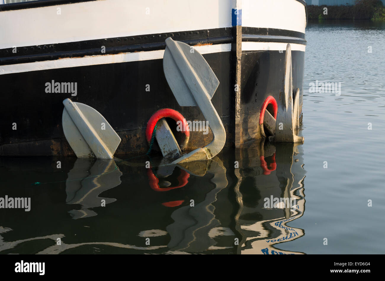 double anchor at a river barge Stock Photo - Alamy