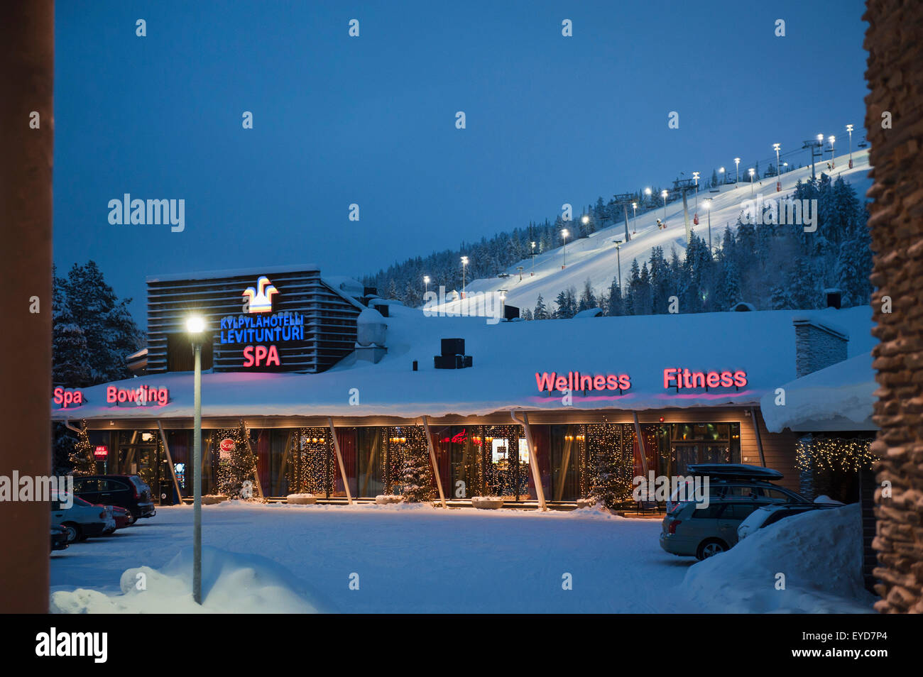 Resort In Front Of The Floodlit Ski Slope, Levi, Lapland, Finland Stock ...