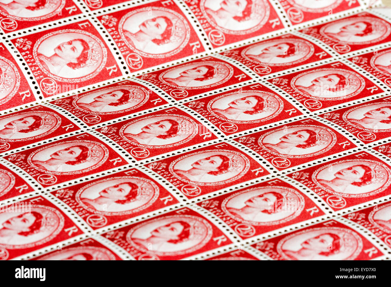 Sheet of British postage stamps. Circa 1950s, Queen Elizabeth 2½d ...