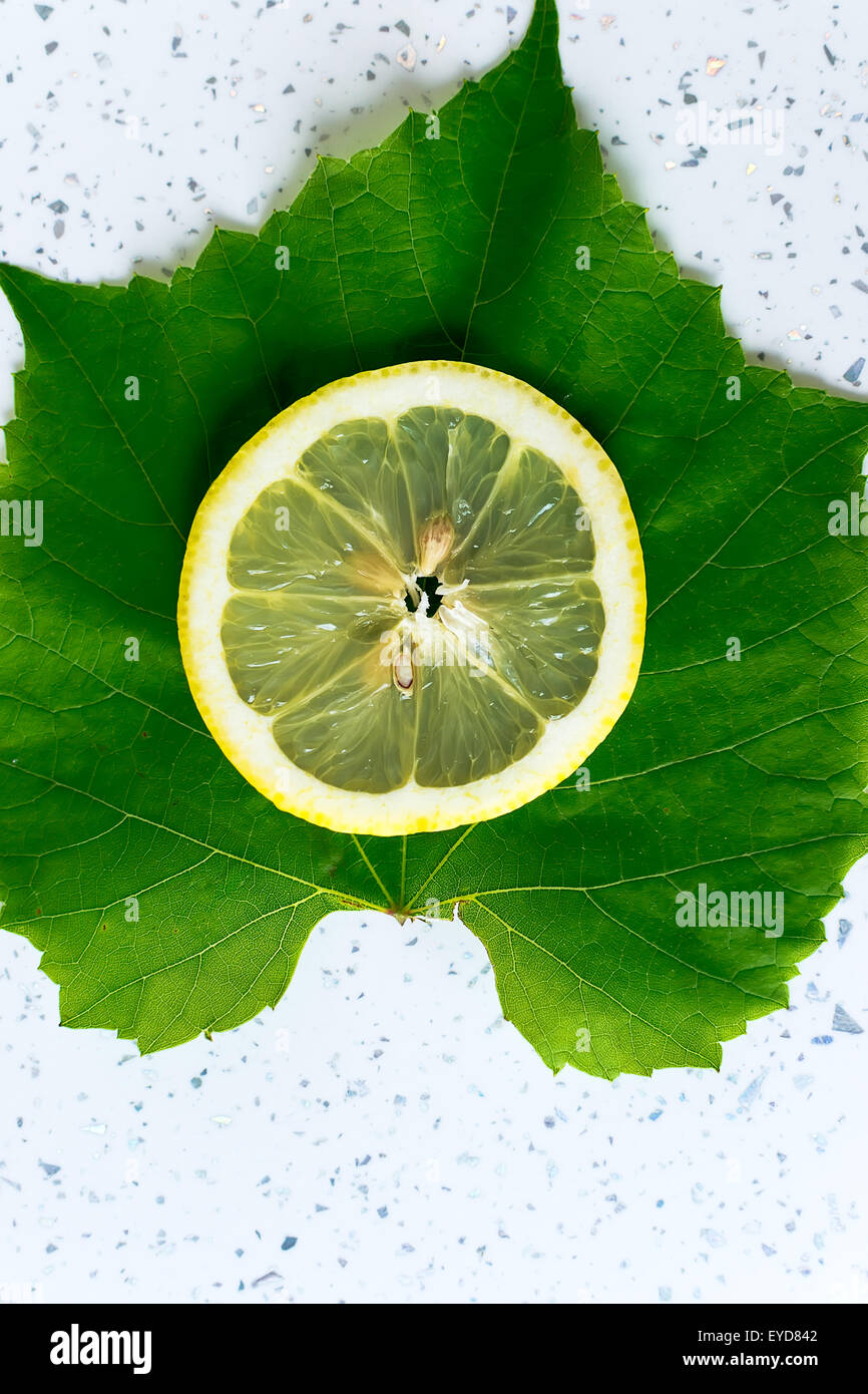 Round slice of lemon on a vine leaf Stock Photo - Alamy