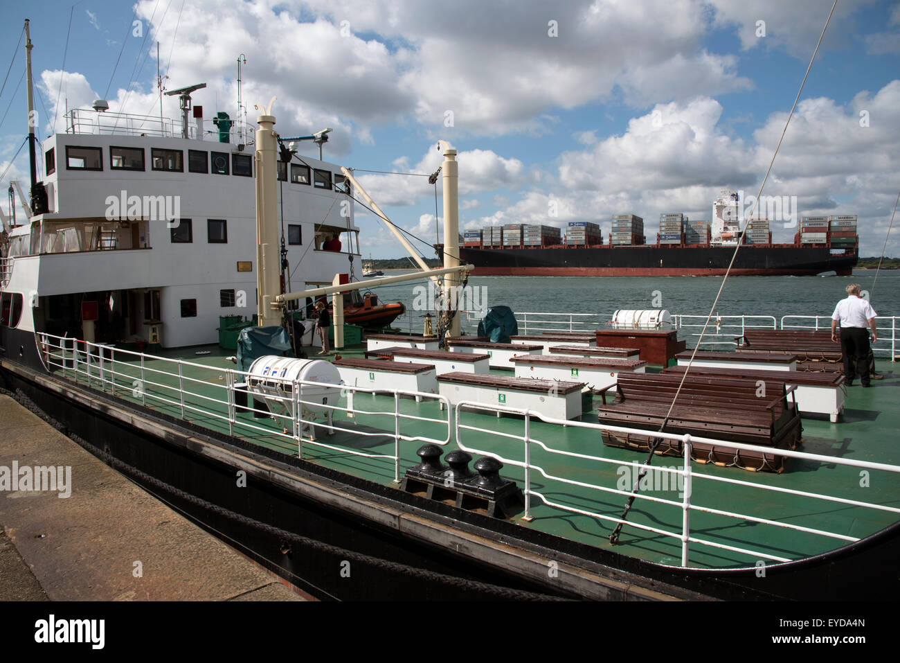 A historic ship the SS Shieldhall main deck and a container carrier on ...
